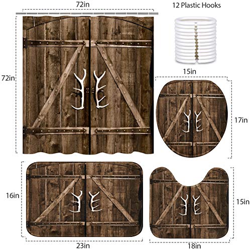 Britimes 4 Piece Shower Curtain Sets, Old Brown Wooden Door with Non-Slip Rugs, Toilet Lid Cover and Bath Mat, Durable and Waterproof, for Bathroom Decor Set, 72" x 72"