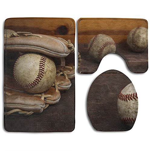 Retro Baseball Non-Slip Bath Mat Set 3 Piece Bathroom Mat Set Includes Bathroom Rugs/Contour Mat/Toilet Cover