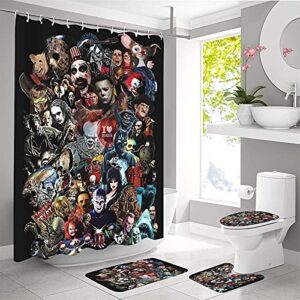 fmsnupz halloween shower curtain 4pcs set, horror movie bathroom set with non-slip rugs, toilet lid cover and bath mat, waterproof fabric shower curtains with 12 hooks