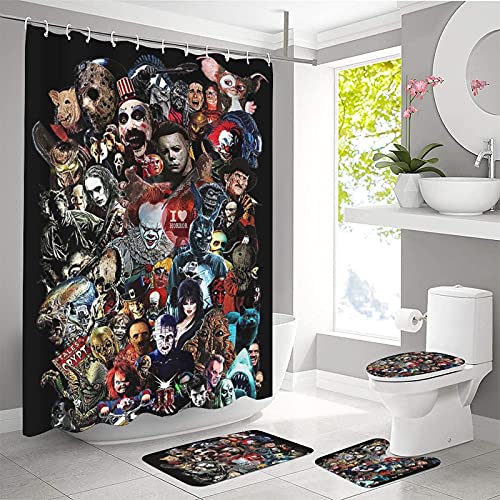 fmsnupz Halloween Shower Curtain 4Pcs Set, Horror Movie Bathroom Set with Non-Slip Rugs, Toilet Lid Cover and Bath Mat, Waterproof Fabric Shower Curtains with 12 Hooks