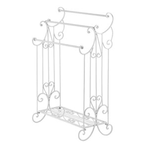 wenbery white free standing towel rack for bathroom, standing towel rack with 3 tiered bars and storage shelf, flower leaves floor towel rack