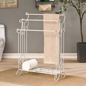 Wenbery White Free Standing Towel Rack for Bathroom, Standing Towel Rack with 3 Tiered Bars and Storage Shelf, Flower Leaves Floor Towel Rack