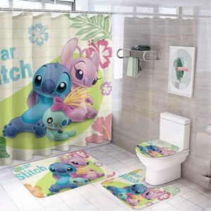 fmsnupz cartoon shower curtain 4pcs set, cute bathroom decor with non-slip rugs, toilet lid cover and bath mat, waterproof fabric shower curtains with 12 hooks, 70.8"x70.8"