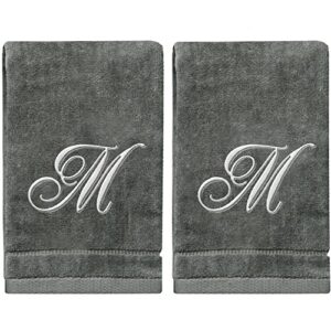 personalized initial fingertip towels - 2 pack 11 x 18 inches - silver embroidery on gray towel, modern monogrammed towels, great initial gift for women, teachers, friends, bridesmaids initial m