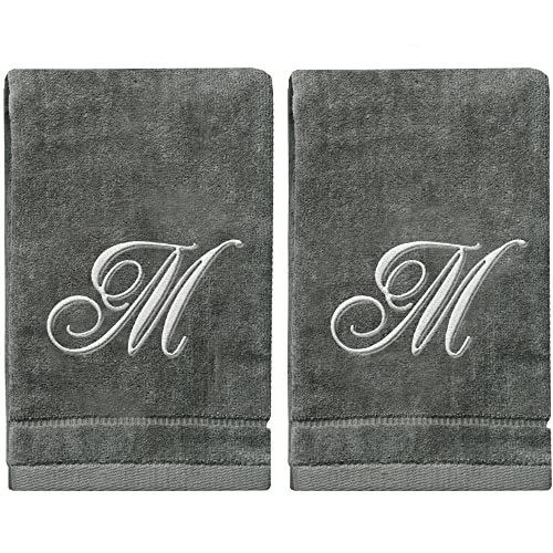 Personalized Initial Fingertip Towels - 2 Pack 11 x 18 Inches - Silver Embroidery On Gray Towel, Modern Monogrammed Towels, Great Initial Gift for Women, Teachers, Friends, Bridesmaids Initial M