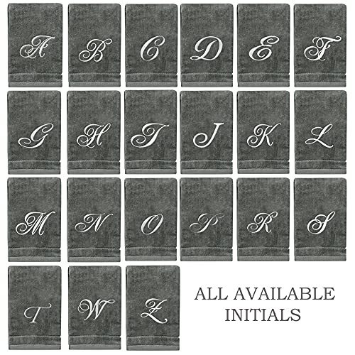 Personalized Initial Fingertip Towels - 2 Pack 11 x 18 Inches - Silver Embroidery On Gray Towel, Modern Monogrammed Towels, Great Initial Gift for Women, Teachers, Friends, Bridesmaids Initial M