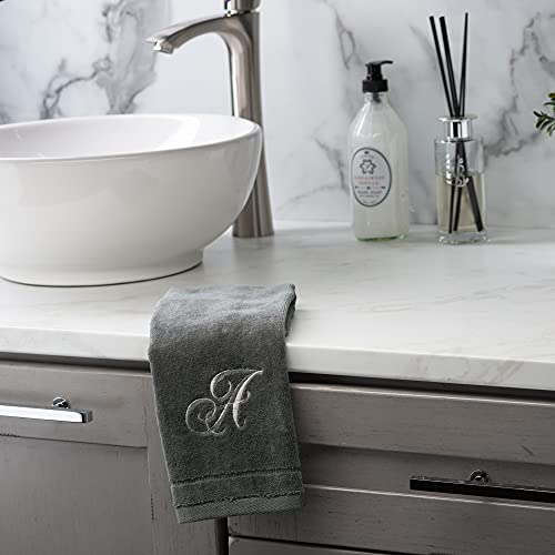 Personalized Initial Fingertip Towels - 2 Pack 11 x 18 Inches - Silver Embroidery On Gray Towel, Modern Monogrammed Towels, Great Initial Gift for Women, Teachers, Friends, Bridesmaids Initial M