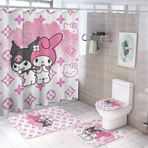 fmsnupz 4pcs anime shower curtain set, cute bathroom decor with non-slip rugs, toilet lid cover and bath mat, waterproof fabric shower curtains with 12 hooks, 70.8"x70.8"