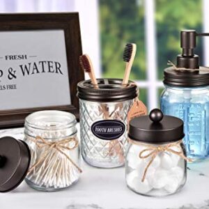 Mason Jar Bathroom Accessories Set - Includes Liquid Hand Soap Dispenser and Qtip Holder Set - Rustic Farmhouse Decor Apothecary Jars Bathroom Countertop and Vanity Organizer (Bronze)