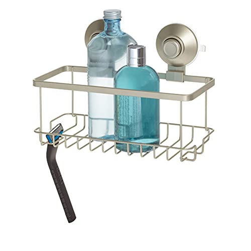 iDesign Everett Drill Bathroom, Small Metal Basket with Push-Lock Suction Cups, Hanging Storage for Shampoo and Soap with Hooks for Razors and Sponges, Matte Silver, 23.1 cm x 11.5 cm x 9.2 cm