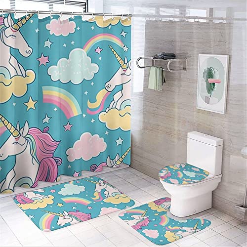 Blue Four Piece Bathroom Set Unicorn Rainbow Cloud Shower Accessories Set with Rugs and Curtains