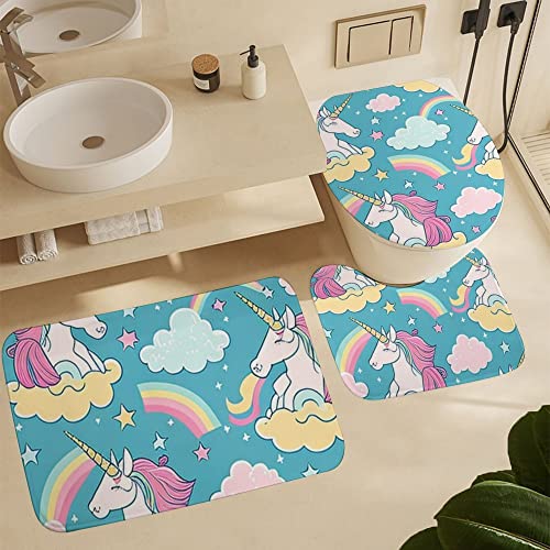 Blue Four Piece Bathroom Set Unicorn Rainbow Cloud Shower Accessories Set with Rugs and Curtains