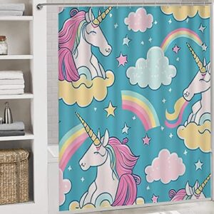 Blue Four Piece Bathroom Set Unicorn Rainbow Cloud Shower Accessories Set with Rugs and Curtains