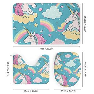 Blue Four Piece Bathroom Set Unicorn Rainbow Cloud Shower Accessories Set with Rugs and Curtains