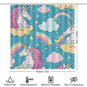 Blue Four Piece Bathroom Set Unicorn Rainbow Cloud Shower Accessories Set with Rugs and Curtains