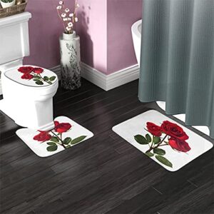 WONDERTIFY Dark Red Three Roses Bathroom Antiskid Pad Beautiful Bouquet Flower 3 Pieces Bathroom Rugs Set, Bath Mat+Contour+Toilet Lid Cover White