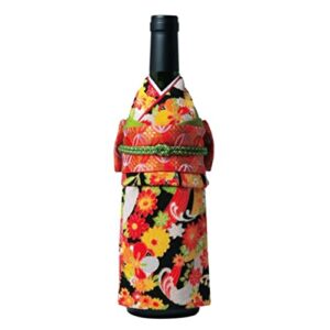 wanokura kimono bottle cover, made in japan, wine bottle covers, wine bottle topper, christmas, wedding, birthday, travel, holiday party (wine bottle, princess/black motif)