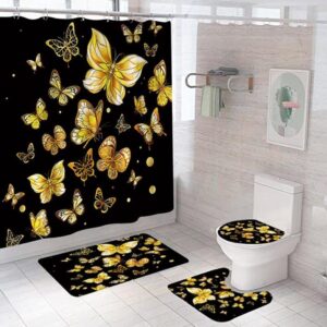 StarBlue-HGS Magic Golden Butterfly Waterproof Shower Curtain Set Flying Butterfly Bathroom Bathtub Mat Toilet Cover Mat Set