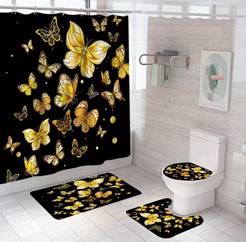 StarBlue-HGS Magic Golden Butterfly Waterproof Shower Curtain Set Flying Butterfly Bathroom Bathtub Mat Toilet Cover Mat Set