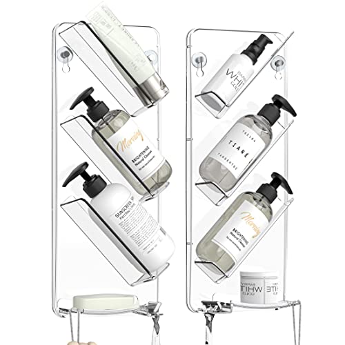 SEE SPRING 2 Pack Acrylic Shower Caddy Clear Plastic Shampoo Holder for Wall Bathroom Organizer Bath Shelf Shower Organizer Storage Rack with Hooks