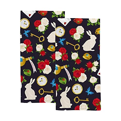 Hapuxt Hand Towels Face Towels Set of 2 Roses Rabbit Wonderland Soft Comfortable Polyester Microfiber Fast Water Absorbent Towels for Bathroom Kitchen 30X15 Inch