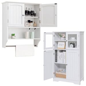 iwell bathroom wall cabinet & bathroom floor cabinet bundle, medicine cabinet with 1 adjustable shelf & double doors, storage cabinet with glass doors & adjustable shelf, wall mounted bathroom cabinet