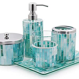 LushAccents Bathroom Accessories Set, 5-Piece Decorative Glass Bathroom Accessories Set, Soap Dispenser, Vanity Tray, Jar, Toothbrush Holder, Tumbler, Elegant Green Mosaic Glass