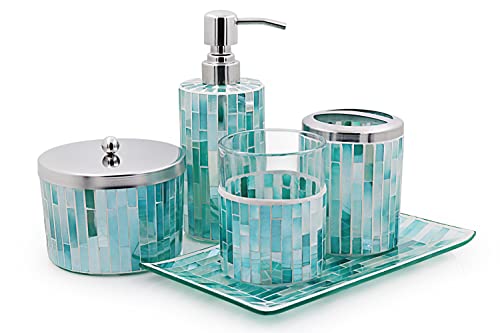 LushAccents Bathroom Accessories Set, 5-Piece Decorative Glass Bathroom Accessories Set, Soap Dispenser, Vanity Tray, Jar, Toothbrush Holder, Tumbler, Elegant Green Mosaic Glass