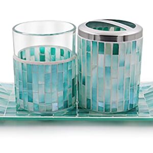 LushAccents Bathroom Accessories Set, 5-Piece Decorative Glass Bathroom Accessories Set, Soap Dispenser, Vanity Tray, Jar, Toothbrush Holder, Tumbler, Elegant Green Mosaic Glass