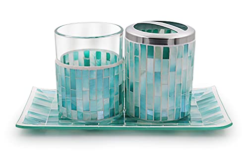 LushAccents Bathroom Accessories Set, 5-Piece Decorative Glass Bathroom Accessories Set, Soap Dispenser, Vanity Tray, Jar, Toothbrush Holder, Tumbler, Elegant Green Mosaic Glass