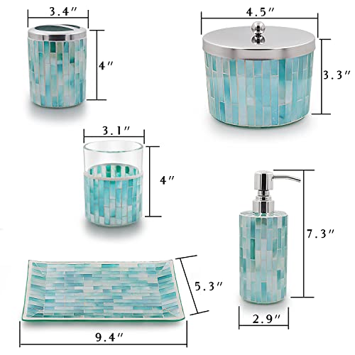 LushAccents Bathroom Accessories Set, 5-Piece Decorative Glass Bathroom Accessories Set, Soap Dispenser, Vanity Tray, Jar, Toothbrush Holder, Tumbler, Elegant Green Mosaic Glass