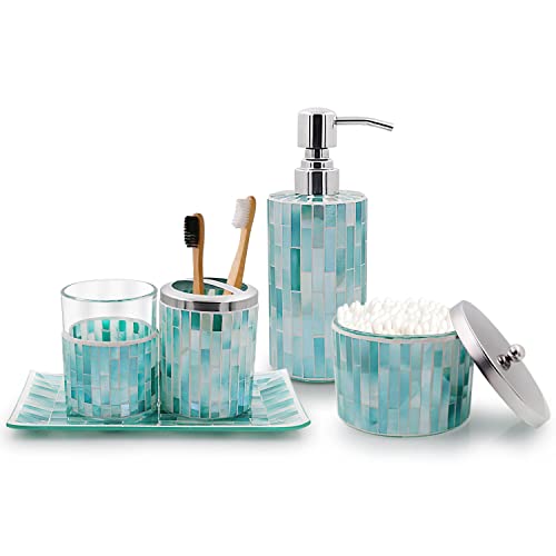 LushAccents Bathroom Accessories Set, 5-Piece Decorative Glass Bathroom Accessories Set, Soap Dispenser, Vanity Tray, Jar, Toothbrush Holder, Tumbler, Elegant Green Mosaic Glass