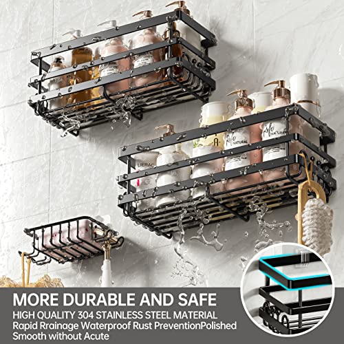 WeeProp 3 Pack Shower Caddy, Bathroom Shower Organizer with Soap Holder, 16 Hooks, Adhesive Shower Shelf for Inside Shower with High Fence, Rustproof Stainless Steel Shower Storage Rack(Black)