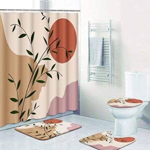 Boho Bathroom Sets with Shower Curtain and Rugs and Accessories, Mid Century Sun Orange Red Leaves Shower Curtain Sets, Modern Shower Curtains for Bathroom Decor 4 Pcs