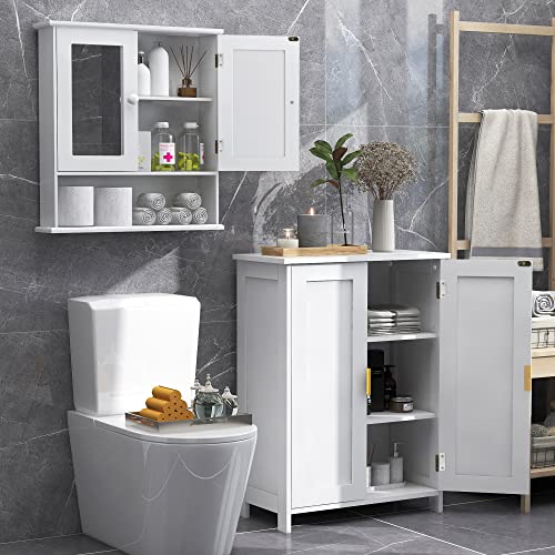 TaoHFE White Bathroom Medicine Cabinet and White Bathroom Storage Cabinet Set,Towel Cabinet for Bathroom Floor Cabinet and Bathroom Medicine Cabinet with Mirror Set