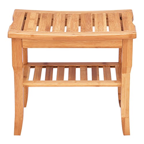 GLACER Shower Bench Bamboo with Extra Storage Shelf, Waterproof Bathroom Shower Stool with Efficient Storage Rack for Indoor or Outdoor Use (19" x 10.5" x 17.6")