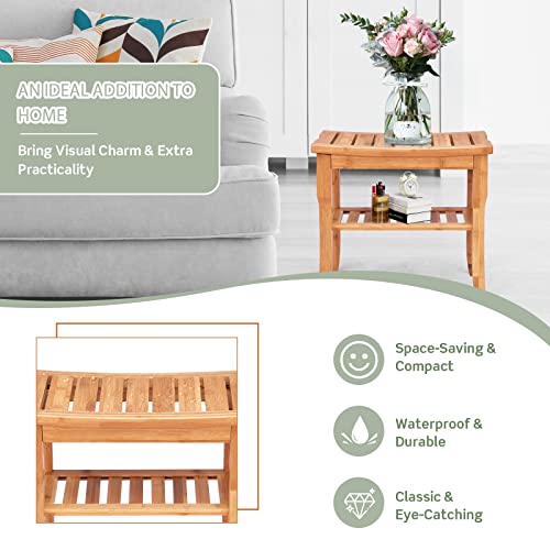 GLACER Shower Bench Bamboo with Extra Storage Shelf, Waterproof Bathroom Shower Stool with Efficient Storage Rack for Indoor or Outdoor Use (19" x 10.5" x 17.6")