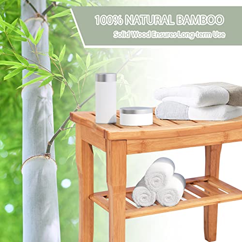 GLACER Shower Bench Bamboo with Extra Storage Shelf, Waterproof Bathroom Shower Stool with Efficient Storage Rack for Indoor or Outdoor Use (19" x 10.5" x 17.6")