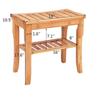 GLACER Shower Bench Bamboo with Extra Storage Shelf, Waterproof Bathroom Shower Stool with Efficient Storage Rack for Indoor or Outdoor Use (19" x 10.5" x 17.6")