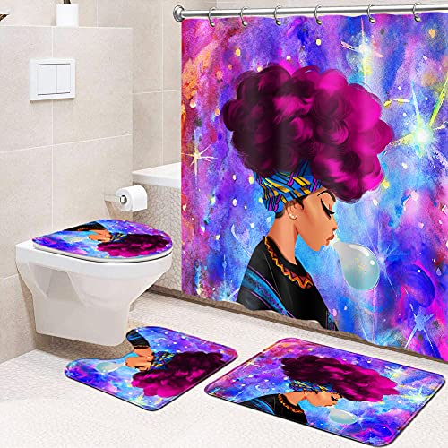 4PCS African American Woman Shower Curtain Set for Bathroom with Rugs and Accessories Sets Include Black Girl Bathroom Shower Curtain Set & 3 Non-Slip Bath Mat (Purple)