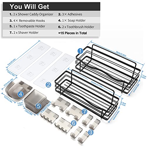 ENIBOE Shower Caddy with 10 Hooks, Adhesive Shower Shelf for inside Shower, Stainless Steel No Drill Rustproof Shower Organizer, Large Capacity Wall Mount Bathroom Caddy Shelves, 2 Pack, Black