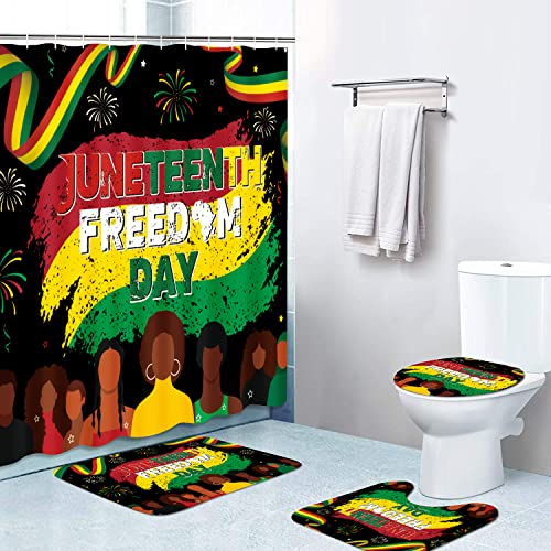 Juneteenth Bathroom Shower Curtain Set June 19 1865 African American Emancipation Black Freedom Celebration Bathroom Sets with Rugs(Bath Mat,U Shape and Toilet Lid Cover Mat) and 12 Hooks