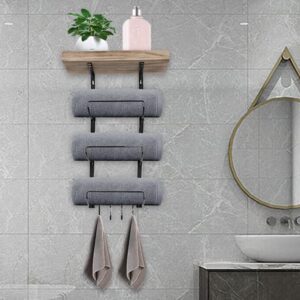 Merkaunis Towel Rack Wall Mounted with 4 Hooks,Metal Tower Holder with Wooden Shelf, Bathroom Towel Storage,Towel Storage Racks for Different Size Towels,Washcloths,Hand Towels,Yoga,Salon,RV