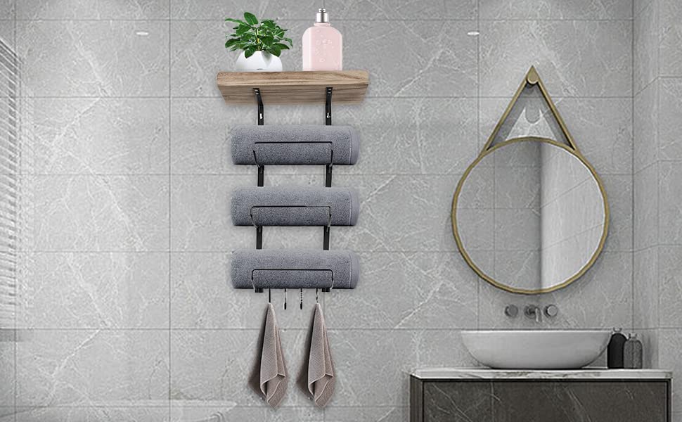 Merkaunis Towel Rack Wall Mounted with 4 Hooks,Metal Tower Holder with Wooden Shelf, Bathroom Towel Storage,Towel Storage Racks for Different Size Towels,Washcloths,Hand Towels,Yoga,Salon,RV