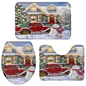 zadaling merry christmas bath mat 3 piece bathroom rugs set non slip, soft water absorbent fot tub xmas tree red truck snowman farm bathroom rugs,toilet seat cover,u-shaped toilet floor mat,large