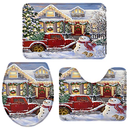 Zadaling Merry Christmas Bath Mat 3 Piece Bathroom Rugs Set Non Slip, Soft Water Absorbent fot Tub Xmas Tree Red Truck Snowman Farm Bathroom Rugs,Toilet Seat Cover,U-Shaped Toilet Floor Mat,Large