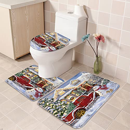 Zadaling Merry Christmas Bath Mat 3 Piece Bathroom Rugs Set Non Slip, Soft Water Absorbent fot Tub Xmas Tree Red Truck Snowman Farm Bathroom Rugs,Toilet Seat Cover,U-Shaped Toilet Floor Mat,Large