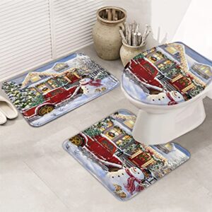 Zadaling Merry Christmas Bath Mat 3 Piece Bathroom Rugs Set Non Slip, Soft Water Absorbent fot Tub Xmas Tree Red Truck Snowman Farm Bathroom Rugs,Toilet Seat Cover,U-Shaped Toilet Floor Mat,Large