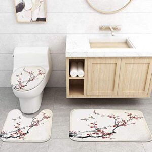 Britimes 4 Piece Shower Curtain Sets, Cherry Blossoms with Non-Slip Rugs, Toilet Lid Cover and Bath Mat, Durable and Waterproof, for Bathroom Decor Set, 72" x 72"