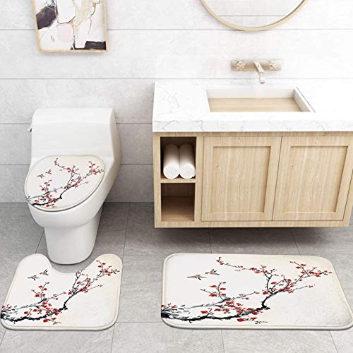 Britimes 4 Piece Shower Curtain Sets, Cherry Blossoms with Non-Slip Rugs, Toilet Lid Cover and Bath Mat, Durable and Waterproof, for Bathroom Decor Set, 72" x 72"